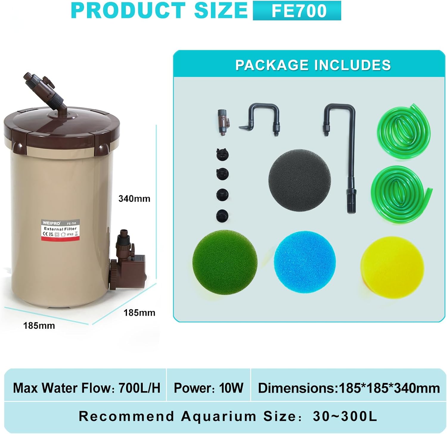 Weipro External Fish Tank Filter with 4-Stage Biochemical Sponge ...